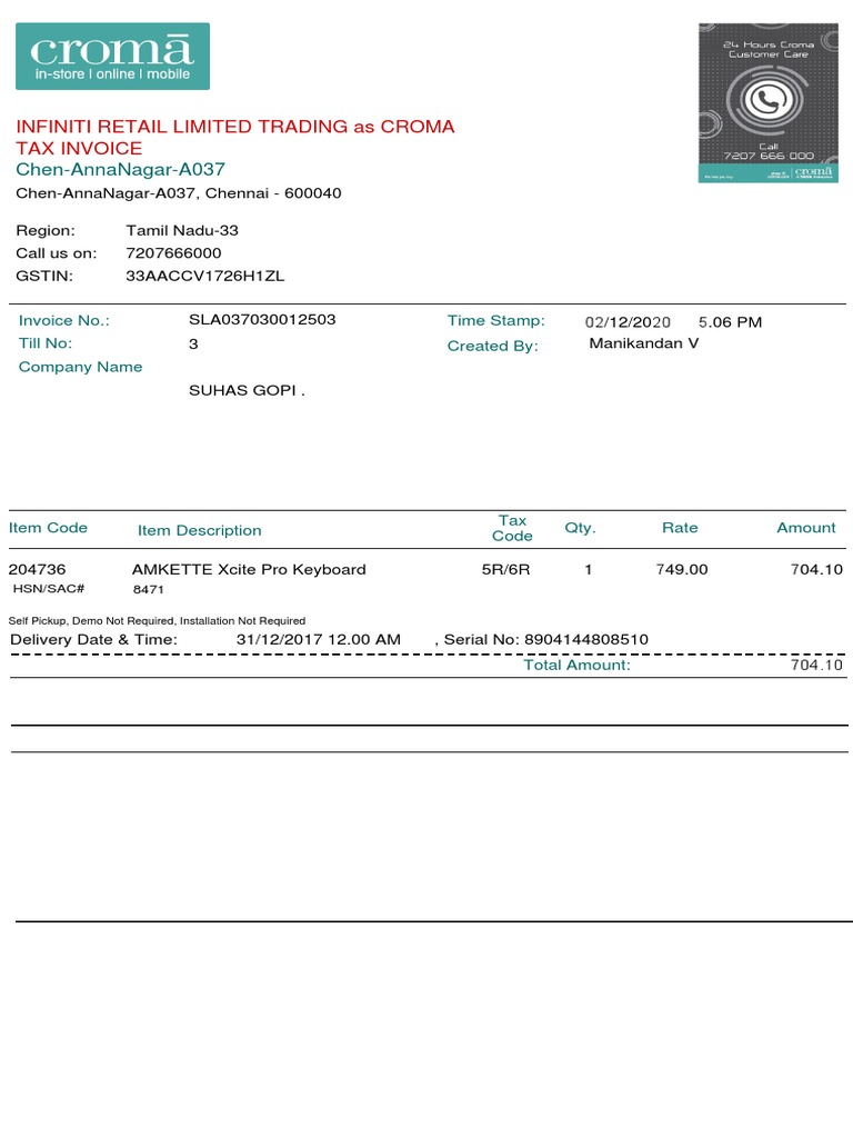 Chen-Annanagar-A037: Tax Invoice Infiniti Retail Limited Trading As ...