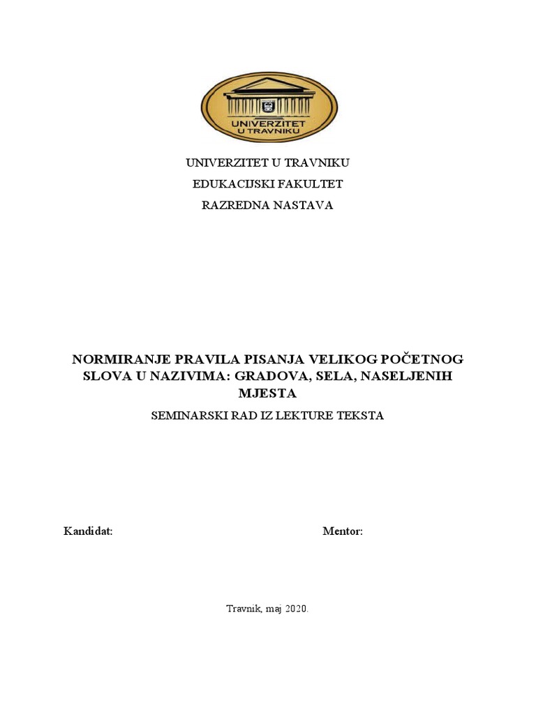 Normiranje Pravila Pisanja Velikog Početnog Slova U Nazivima: Gradova ...