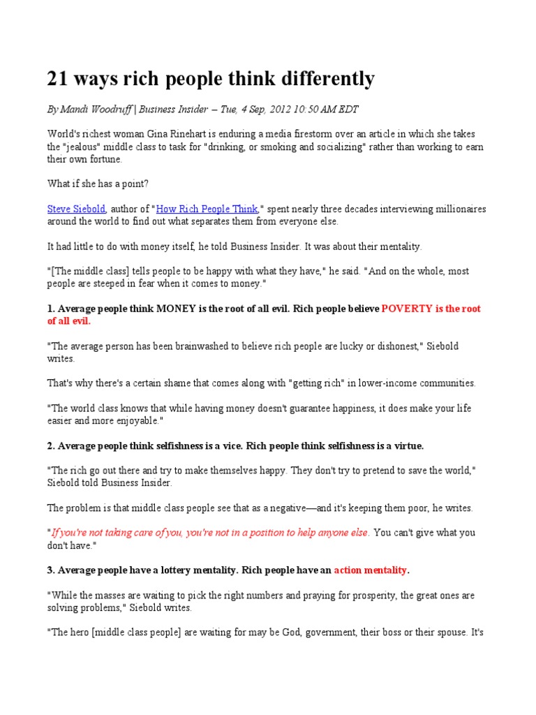 21 Ways Rich People Think Differently | PDF | Wealth | Thought