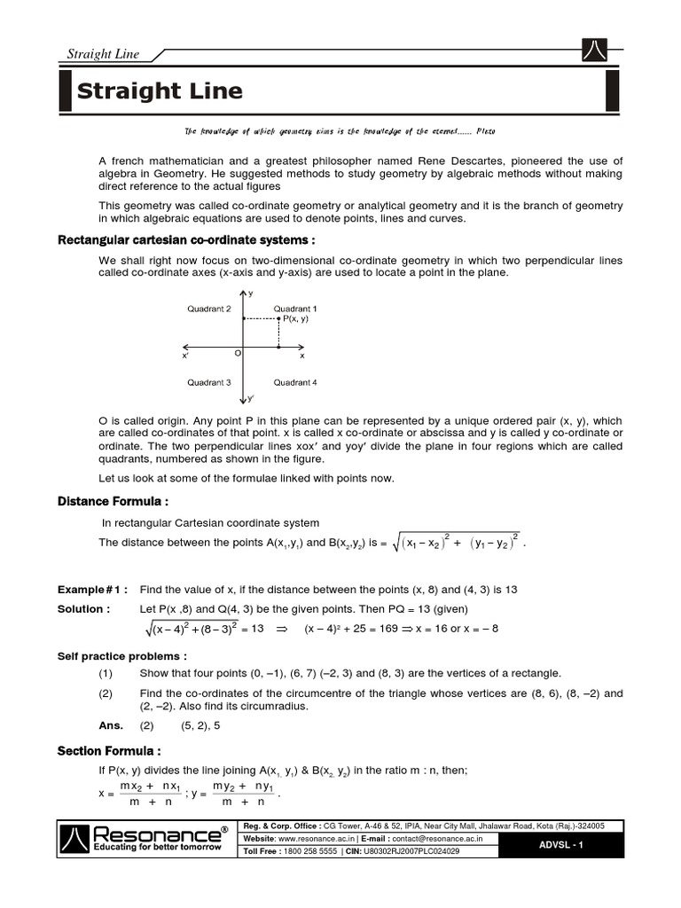 Straight Line: Rectangular Cartesian Co-Ordinate Systems | PDF ...