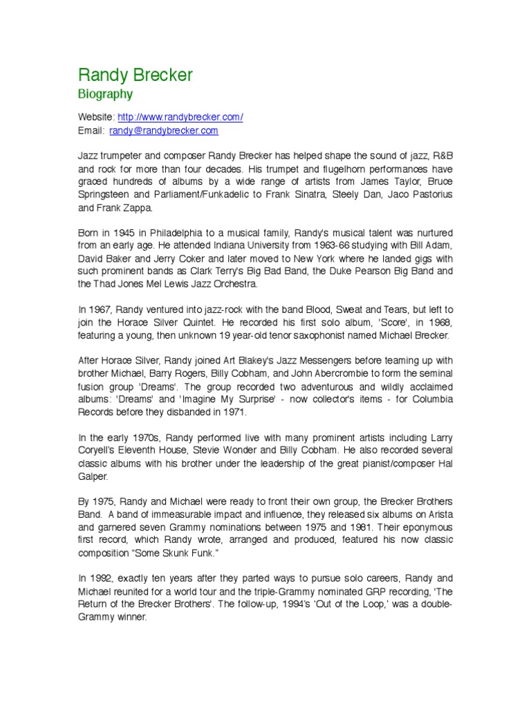 Randy Brecker: Biography | PDF | Jazz | American Jazz Musicians