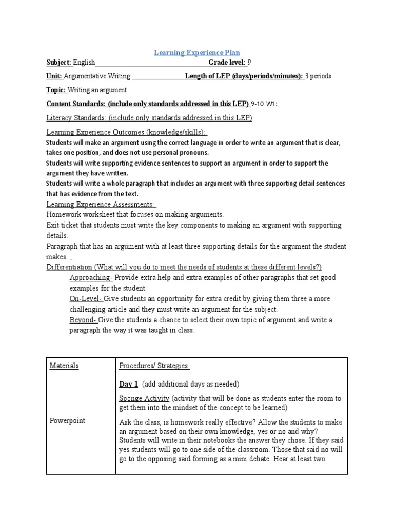 Learning Experience Plan: Day 1 (Add Additional Days As Needed) | PDF ...