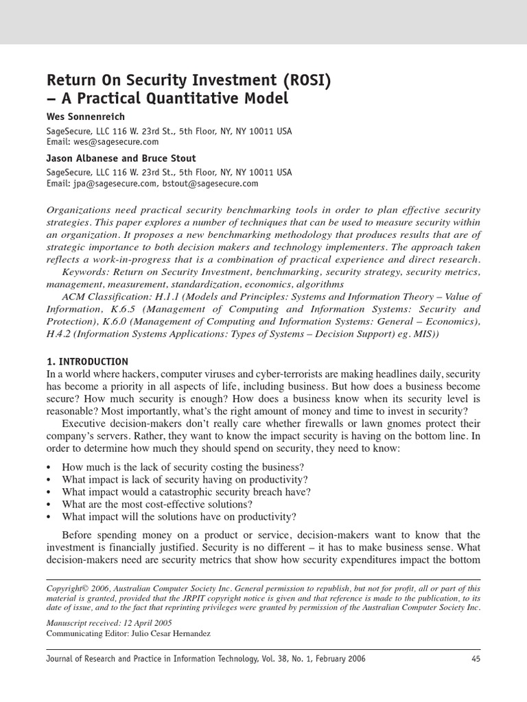 Return On Security Investment (ROSI) - A Practical Quantitative Model ...
