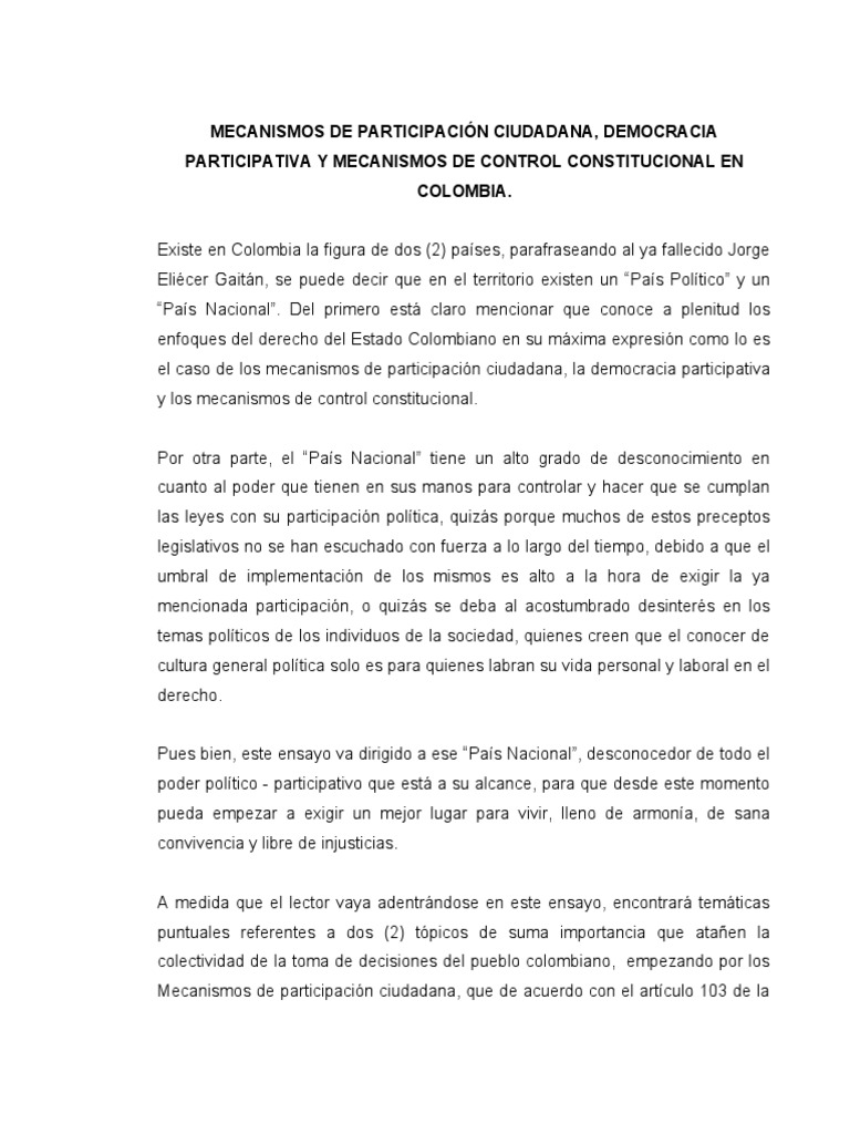 Ensayo - Mecanismos de Participacion Ciudadana | PDF | Democracia | Ideologías políticas