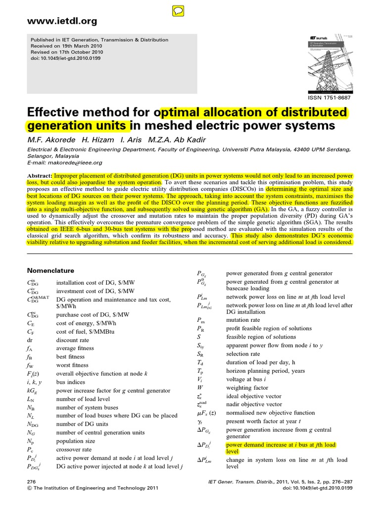 Effective Method For Optimal Allocation of Distributed Generation Units ...