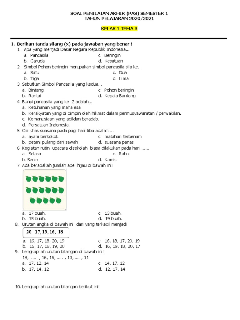 Soal PAS Kelas 1 Sem 1 - TEMA 3 - Kamimadrasah | PDF