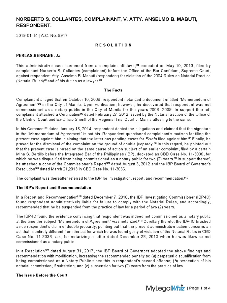 Norberto S. Collantes, Complainant, V. Atty. Anselmo B. Mabuti ...
