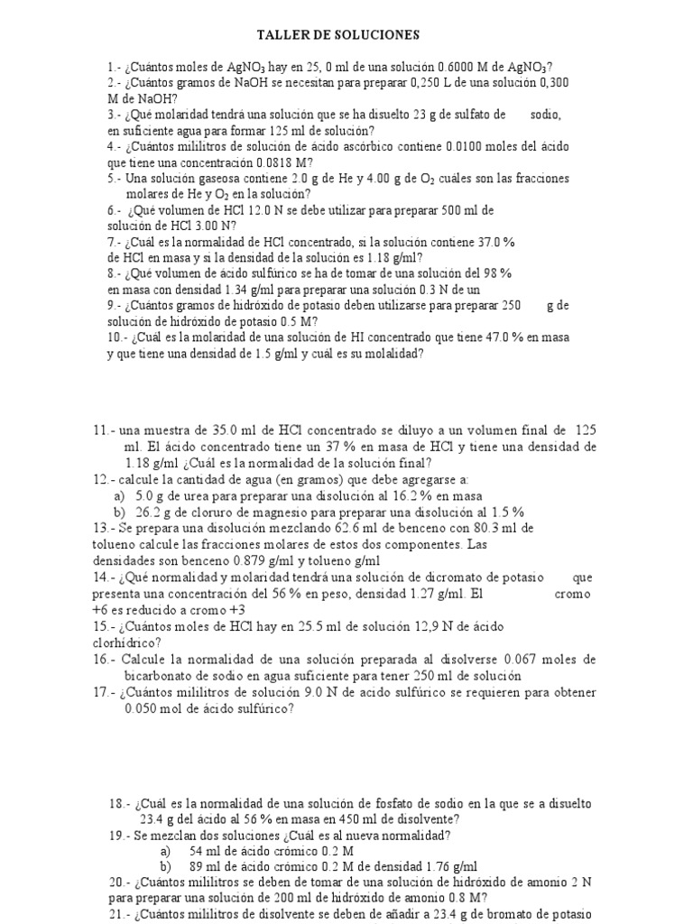 Taller de Soluciones | PDF | Concentración | Ácido clorhídrico