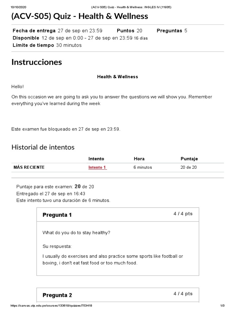 (ACV-S05) Quiz - Health & Wellness - INGLES IV (11935) | PDF | Eating ...