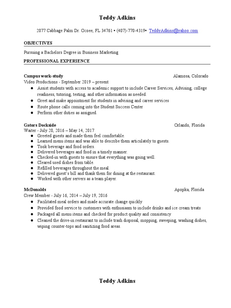 Teddy Resume | PDF | Restaurants | Waiting Staff