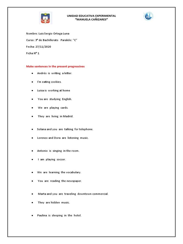 Present Progressive Sentences Practice | PDF