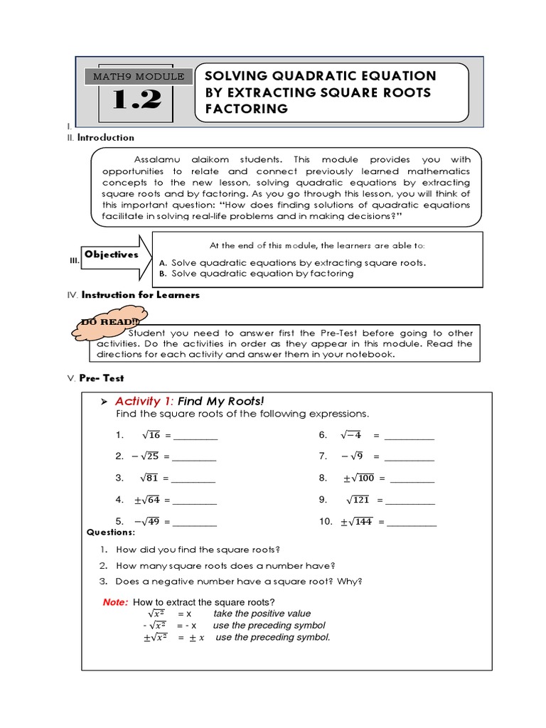 Solving Quadratic Equation by Extracting Square Roots Factoring | PDF ...