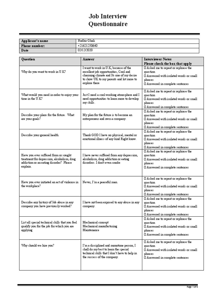 Job Interview Questionnaire | PDF | Question | Mental Disorder