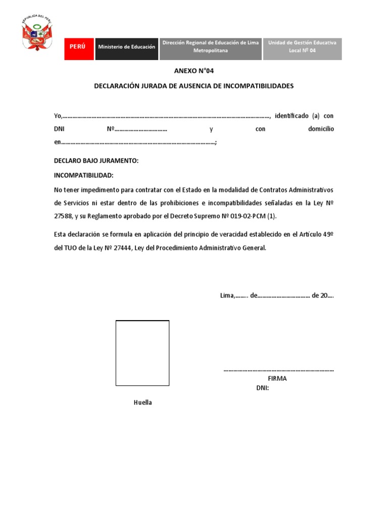 Formato - Anexo N°04 - AUSENCIA - INCOMPATIBILIDADES | PDF