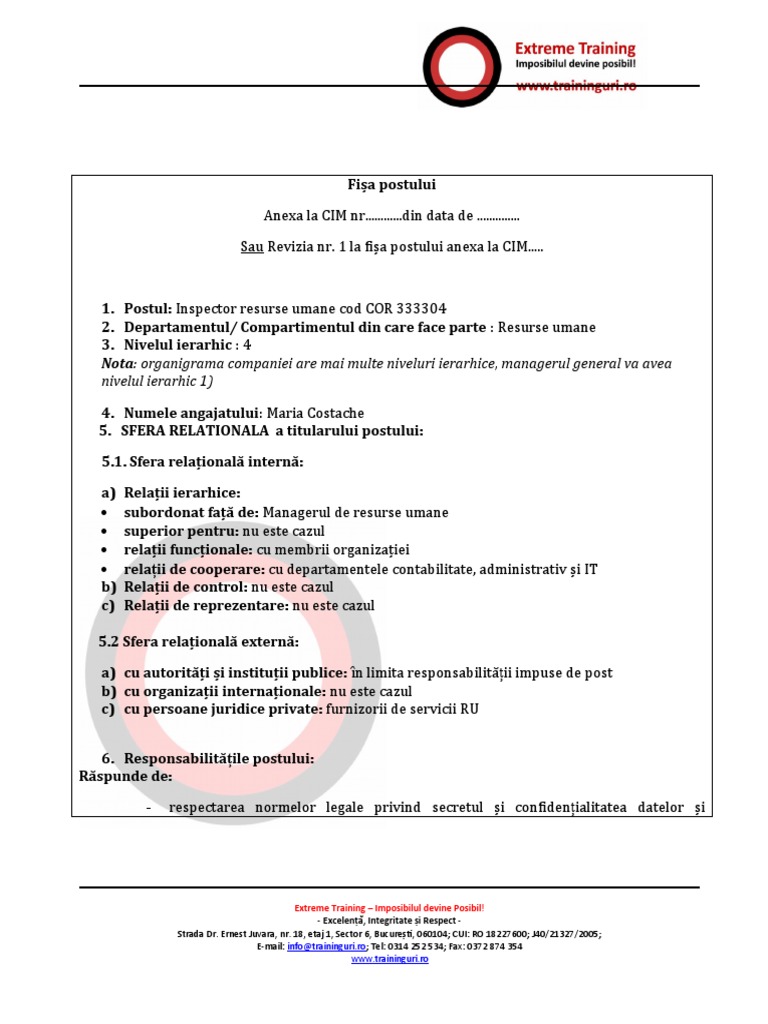 Model Fisa Postului | PDF