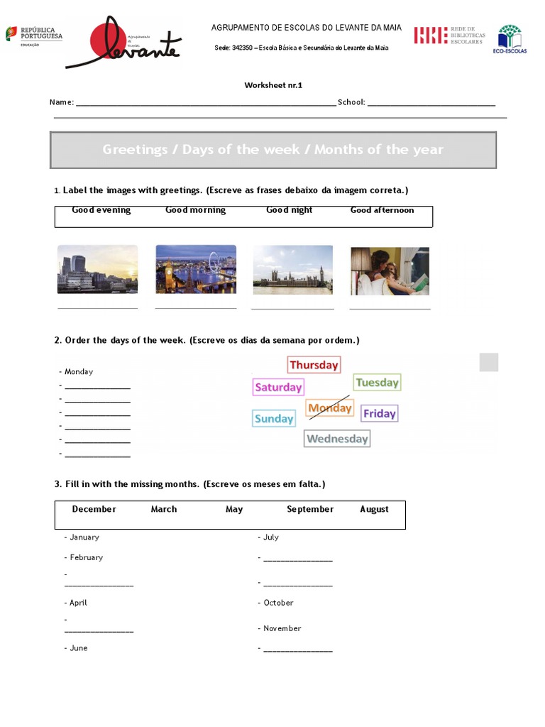 Greetings / Days of The Week / Months of The Year: Worksheet nr.1 | PDF