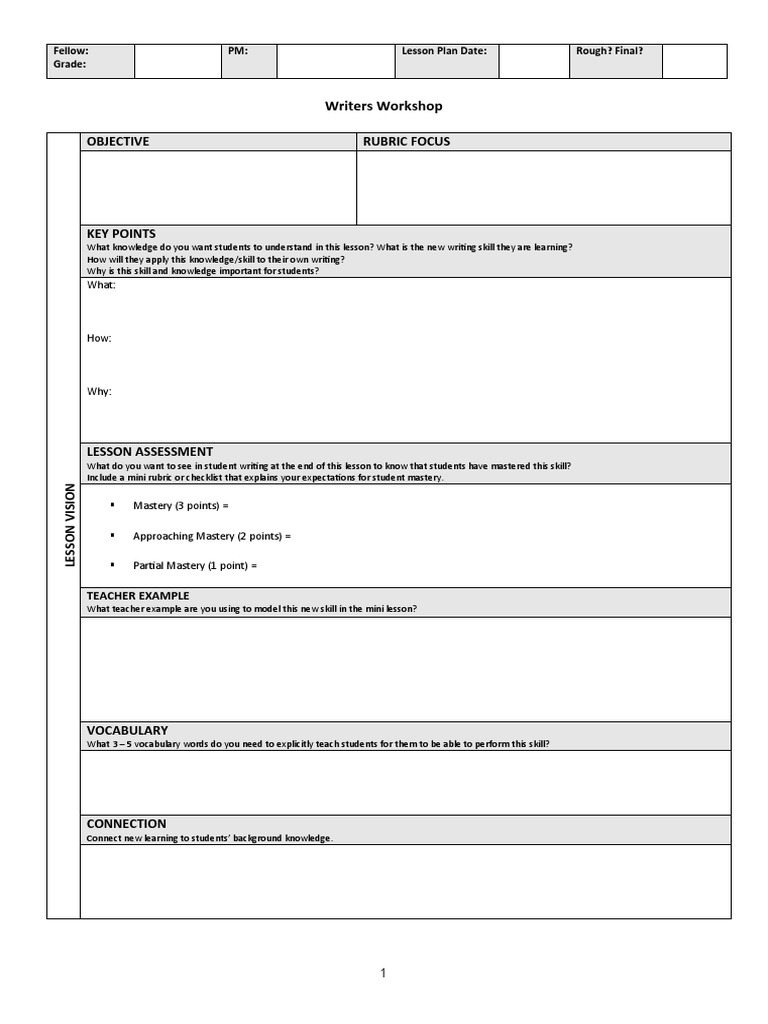 Objective Rubric Focus: Writers Workshop | PDF | Lesson Plan | Vocabulary