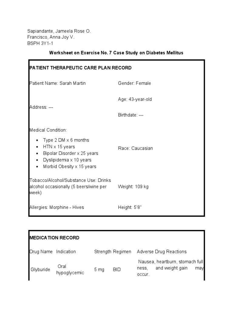 Worksheet On Exercise No. 7 Case Study On Diabetes Mellitus | PDF ...