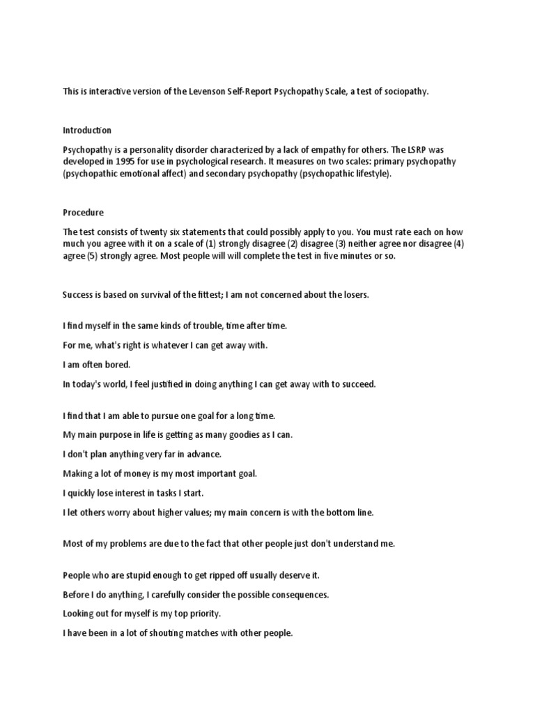 Interactive Levenson Psychopathy Scale | PDF