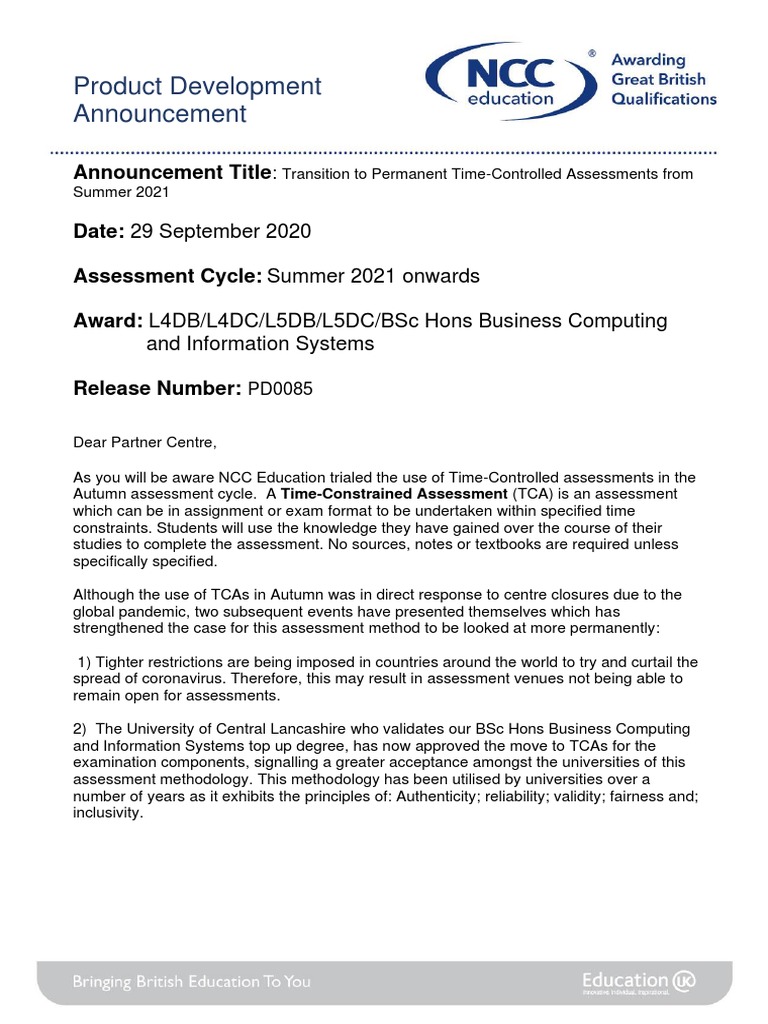 PD0085 - Summer 2021 Time Controlled Assessments | PDF | Test ...