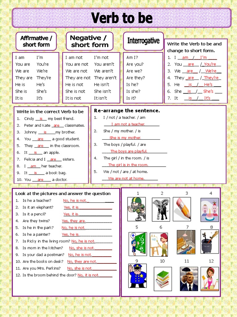 Re-Arrange The Sentence.: Write The Verb To Be and Change To Short Form ...