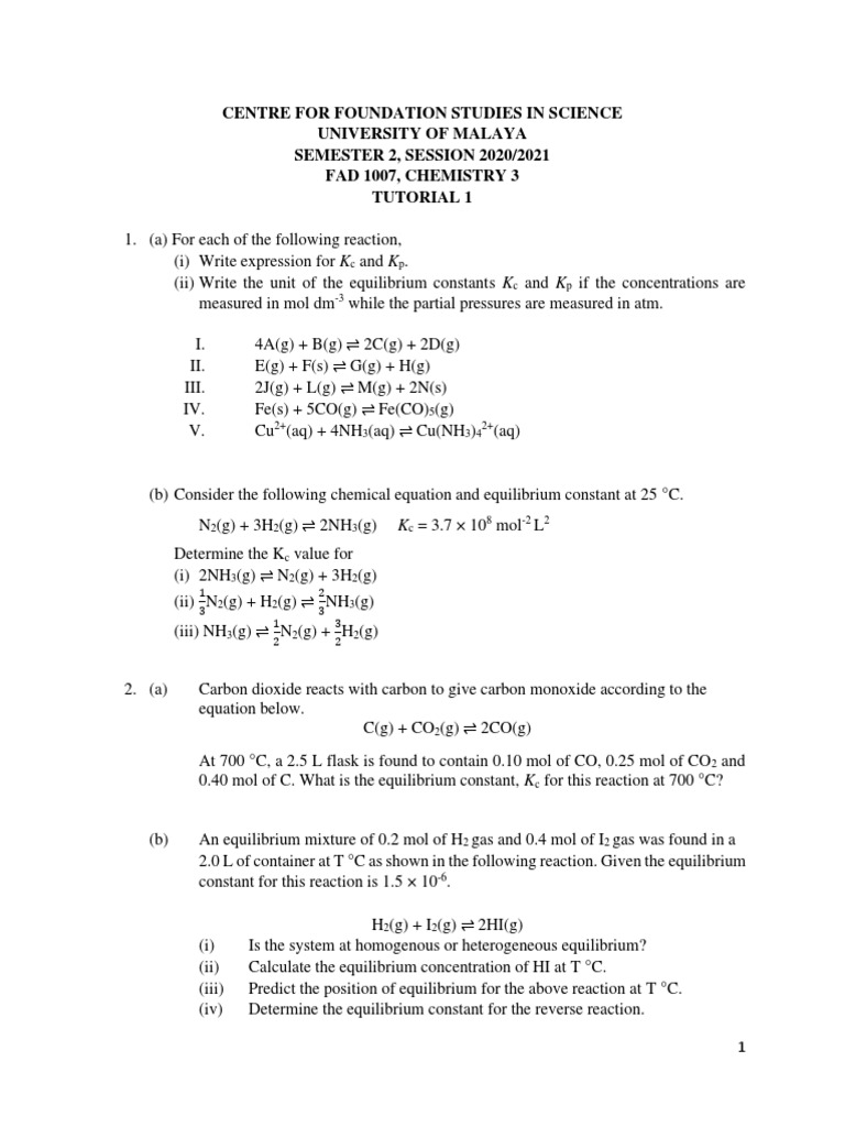 Tutorial 1 (Question) PDF | PDF | Chemical Equilibrium | Chemical Reactions