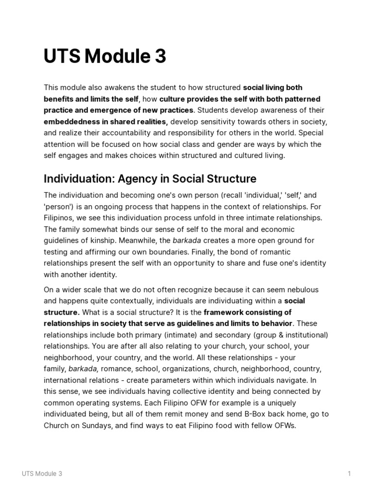 UTS Module 3: Individuation: Agency in Social Structure | PDF | Identity (Social Science ...