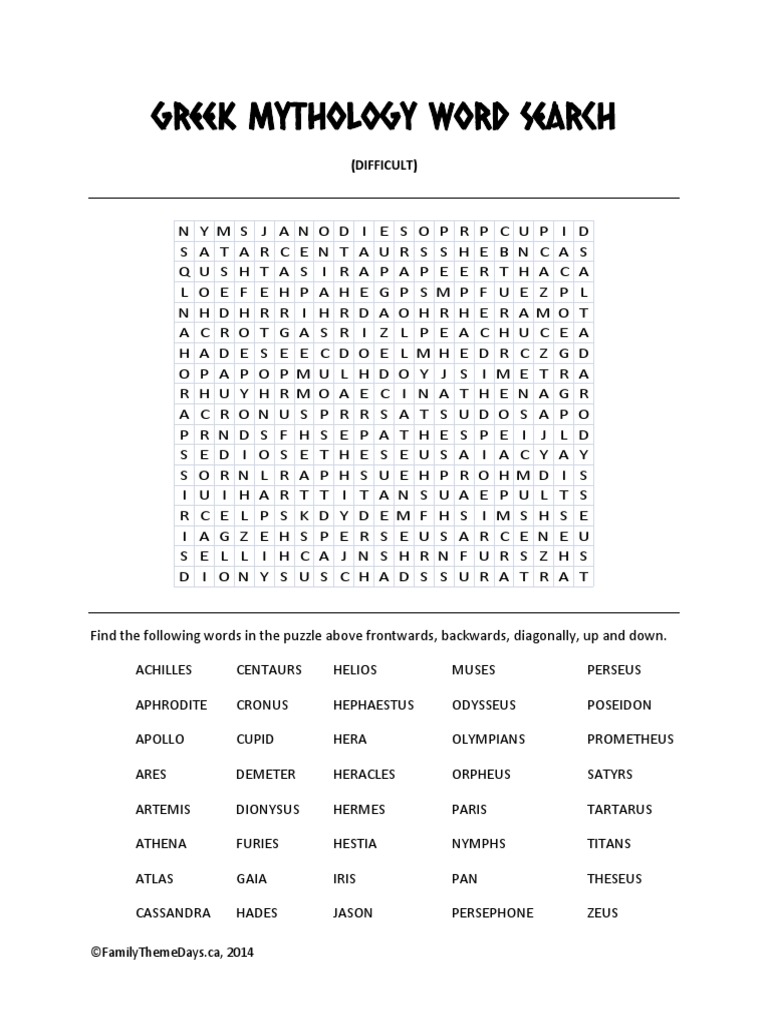Greek MYTHOLOGY Word Search: (Difficult) | PDF | European Mythology ...