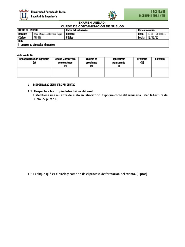 PRIMER EXAMEN Suelos de Unidad 2020I | PDF | Tecnología