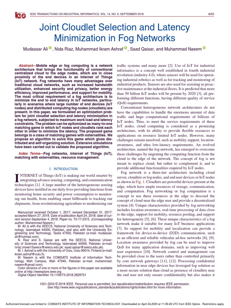 Joint Cloudlet Selection and Latency Minimization in Fog Networks | PDF | Internet Of Things ...