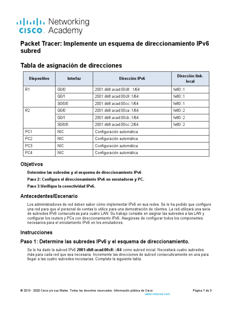 12.9.1 Packet Tracer - Implement A Subnetted IPv6 Addressing Scheme | PDF | Enrutador ...