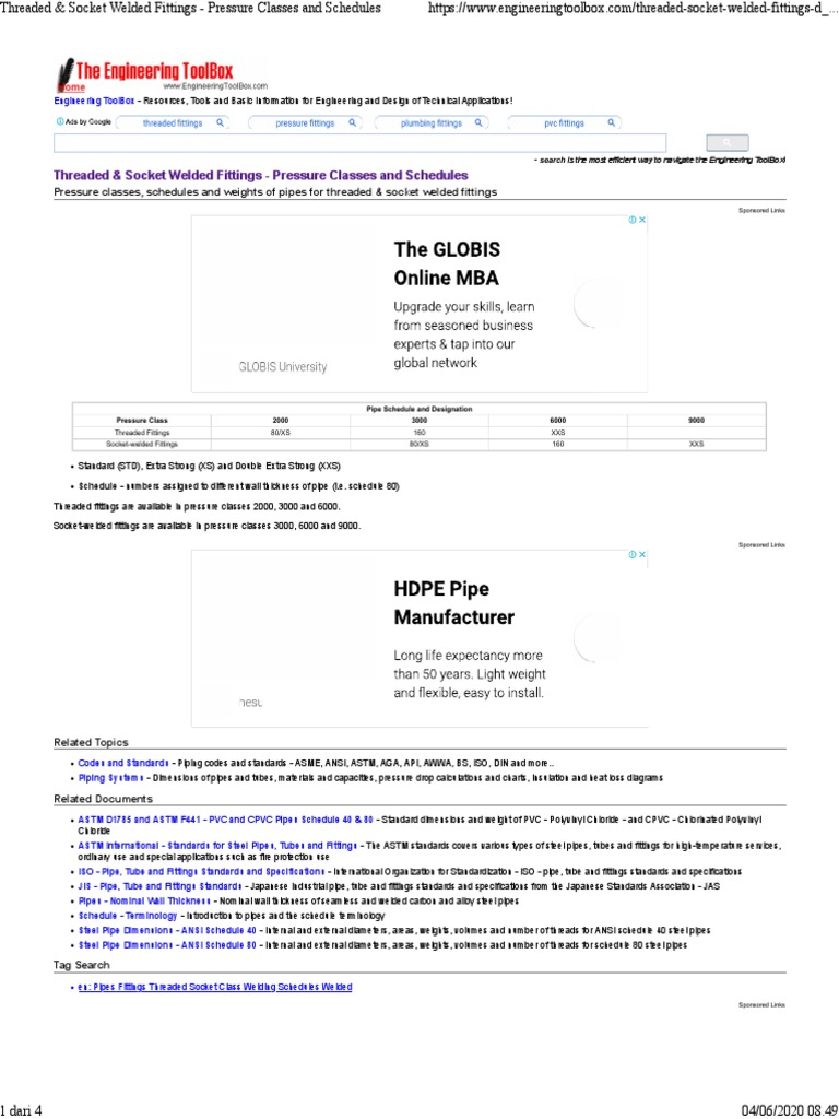 Pressure Class and Schedule | PDF | Pipe (Fluid Conveyance) | Chemical ...