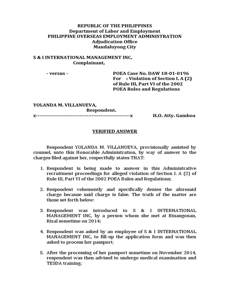 Answer POEA | PDF | Complaint | Evidence