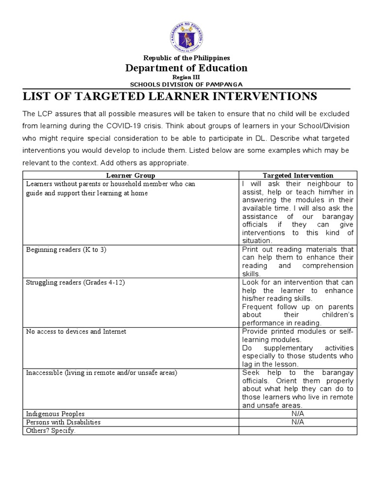List of Targeted Learner Interventions | PDF | Learning | Educational ...
