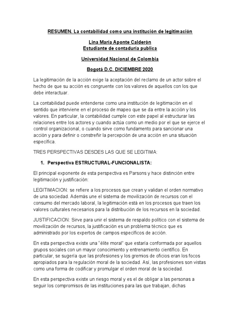 RESUMEN, La Contabilidad Como Una Institucion de Legitimacion, Hecho ...