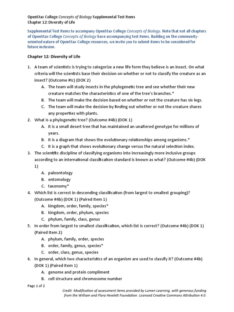 Chapter 12 Biology Test Items | PDF | Organisms | Taxonomy (Biology)
