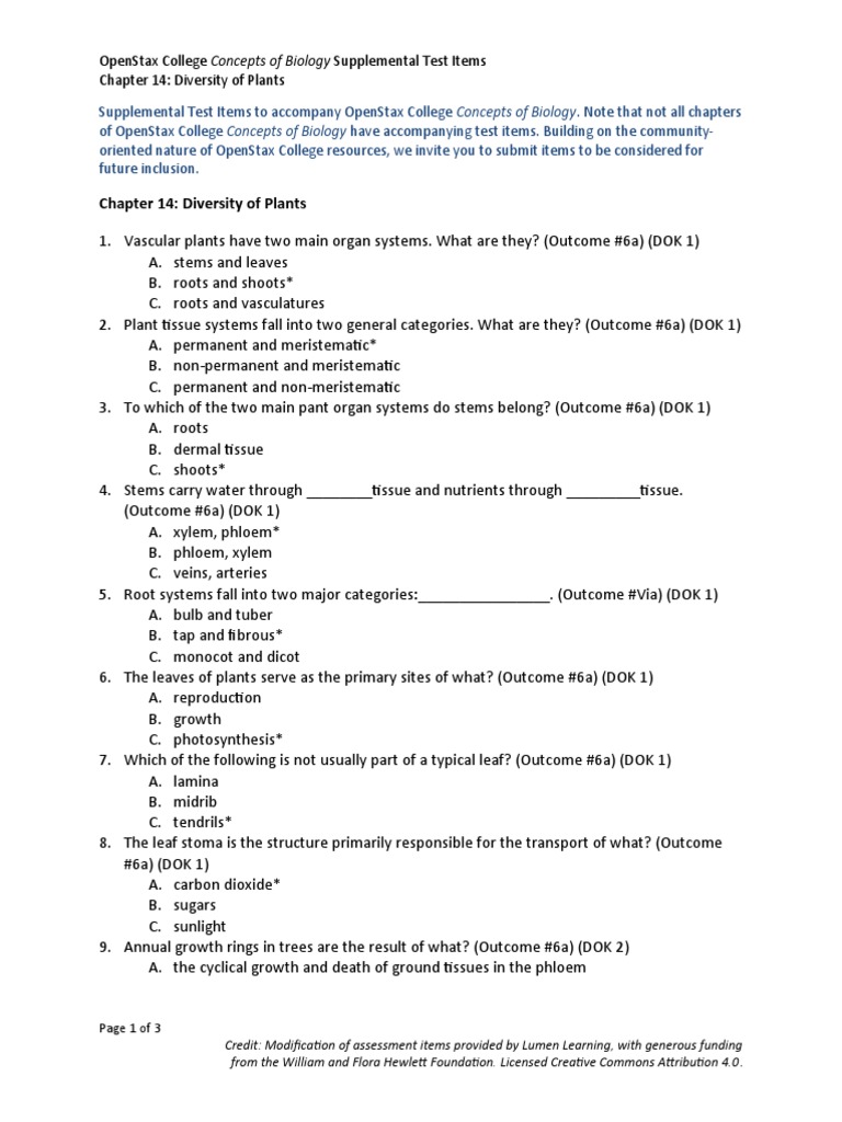 Biology Test Items: Plant Diversity | PDF | Leaf | Plant Stem