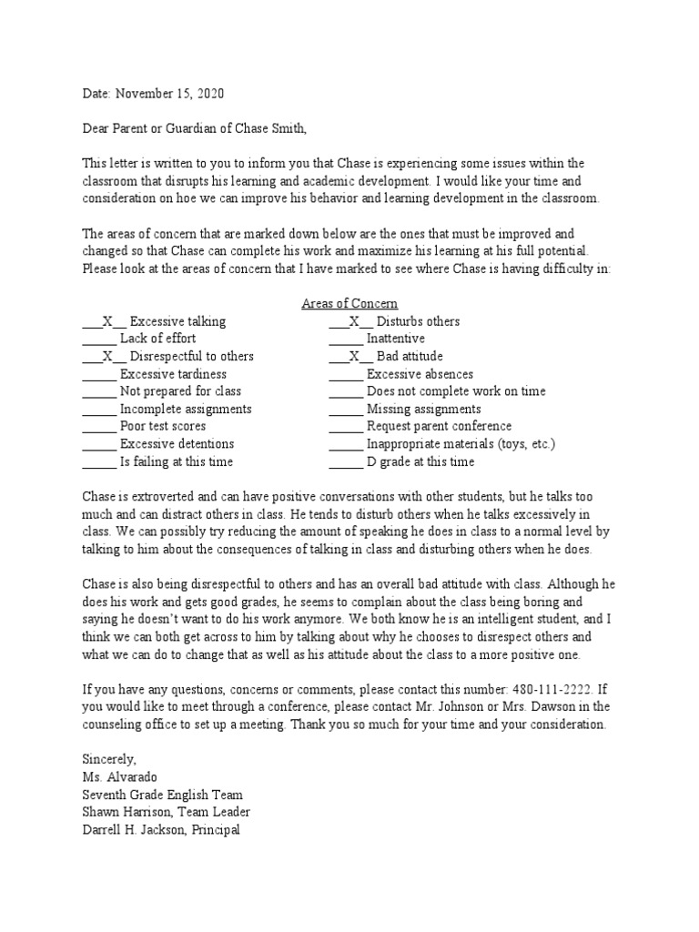 Academic Concern Letter for Chase Smith | PDF | Classroom | Learning