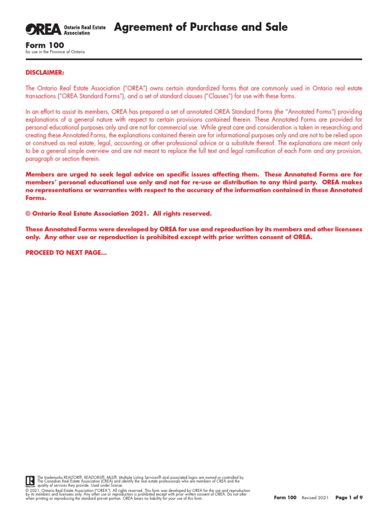 Agreement of Purchase and Sale: Form 100 | PDF | Real Estate Broker ...
