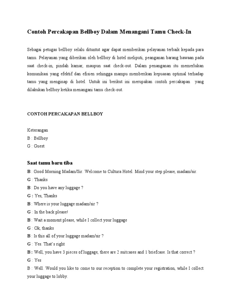 Contoh Percakapan Bellboy Dalam Menangani Tamu Check-In | PDF | Hotel And Accommodation | Nature