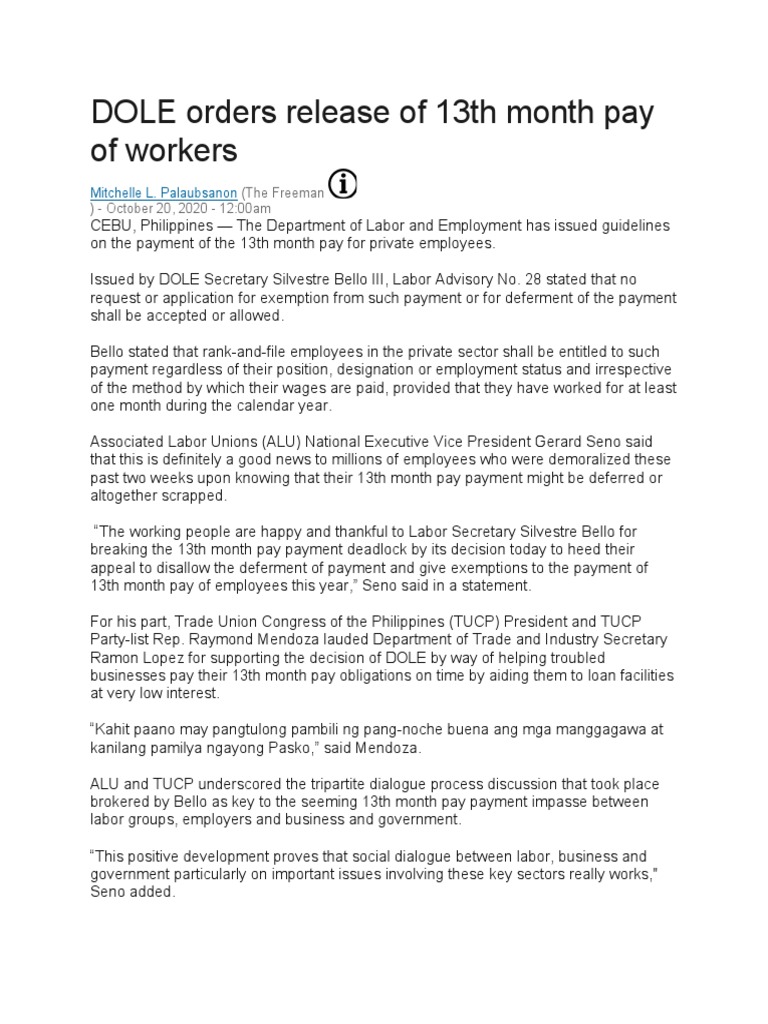 DOLE Guidelines for 13th Month Pay | PDF | Unemployment Benefits ...