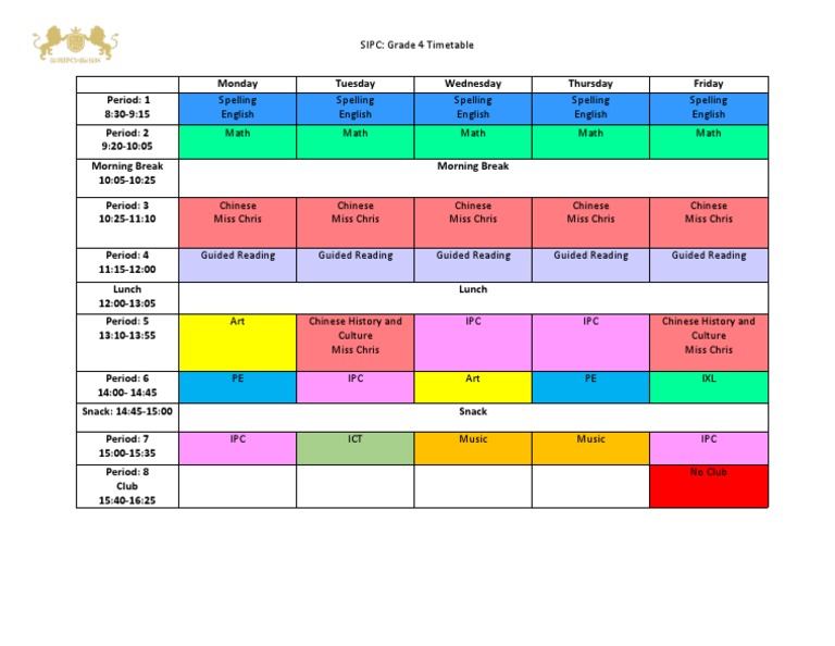 Grade 4 Class Timetable | PDF
