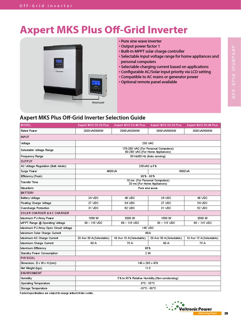 Axpert MKS IV Off-Grid Inverter Specs | PDF | Power Inverter ...