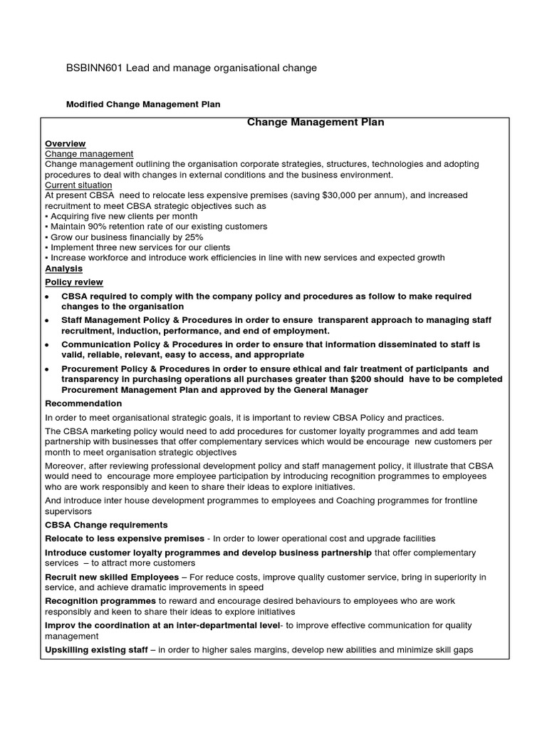 BSBINN601Modified Change Management Plan PDF | PDF | Mindset | Recruitment