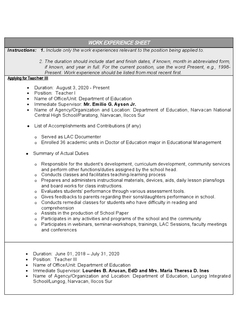 Cs Form No. 212 Attachment Work Experience Sheet LEIZ | PDF | Lesson ...