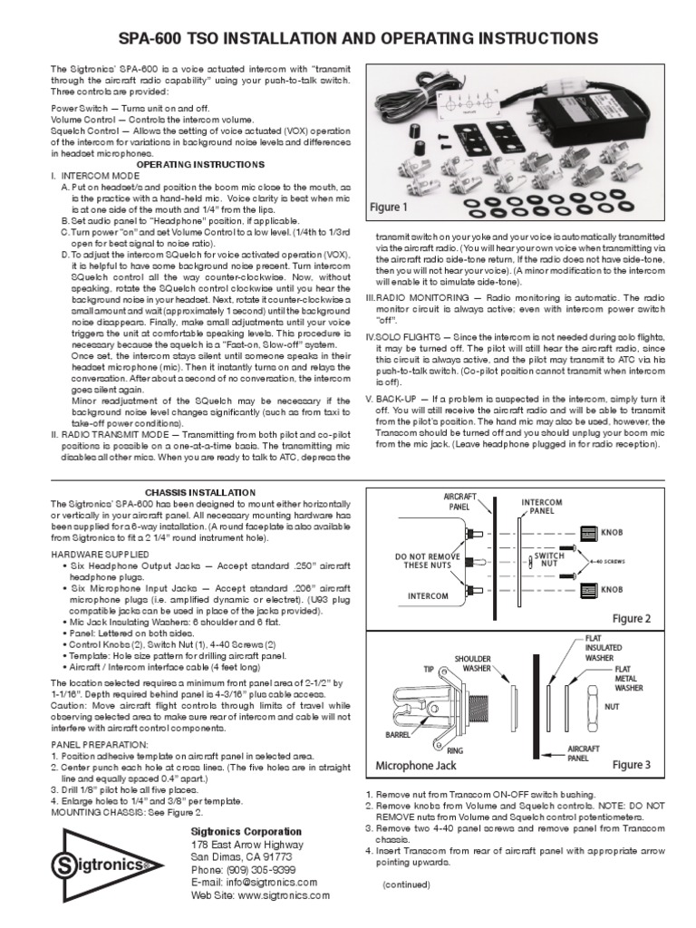 Spa-600 Tso Installation and Operating Instructions | Download Free PDF | Headphones | Microphone