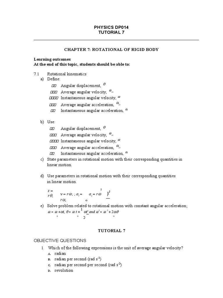 Physics Dp014 Tutorial 7: II III IIII III II | PDF | Rotation Around A Fixed Axis | Acceleration