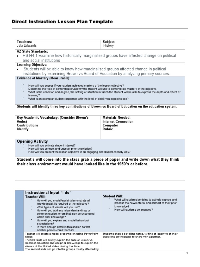 Direct Instruction Lesson Plan Template-Week 6 | PDF | Teachers ...