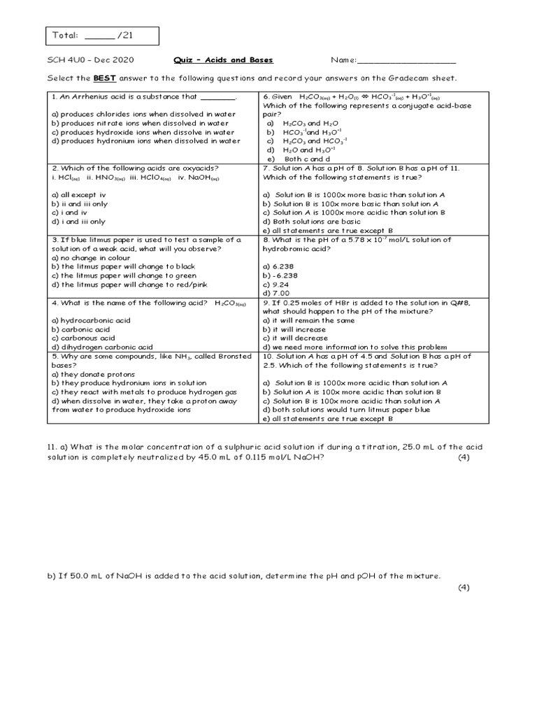 Acids and Bases Quiz Overview | PDF | Acid | Ph