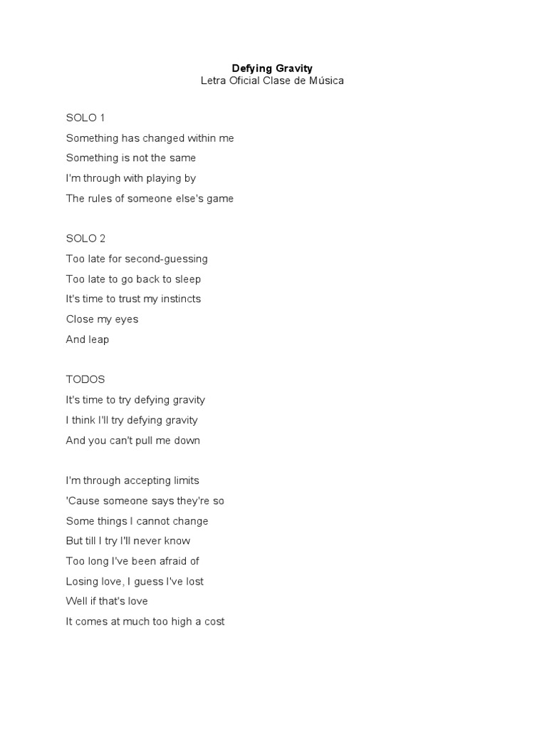 Defying Gravity (Letra Oficial) | PDF